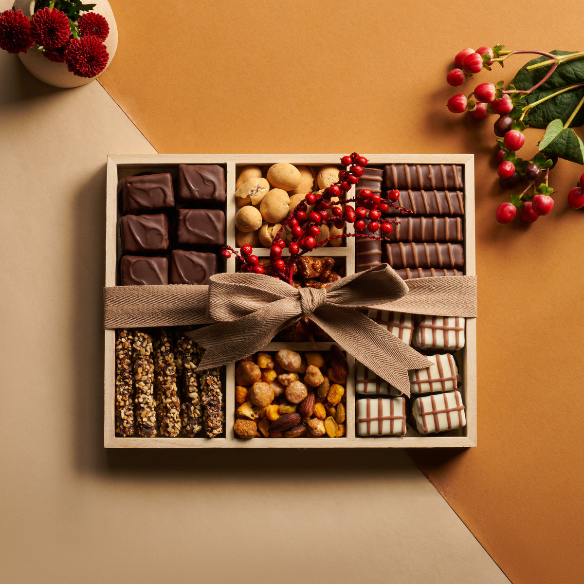 The Nuttery Classic 4 Section Wooden Gift Tray Nuts and Chocolate